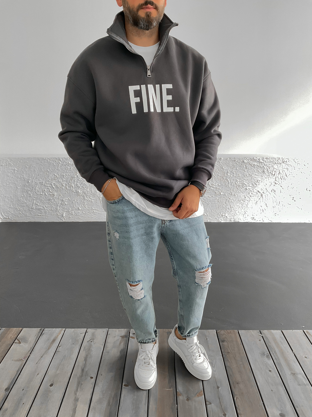 Füme Fine Yarım Fermuarlı Sweat JJ-1329