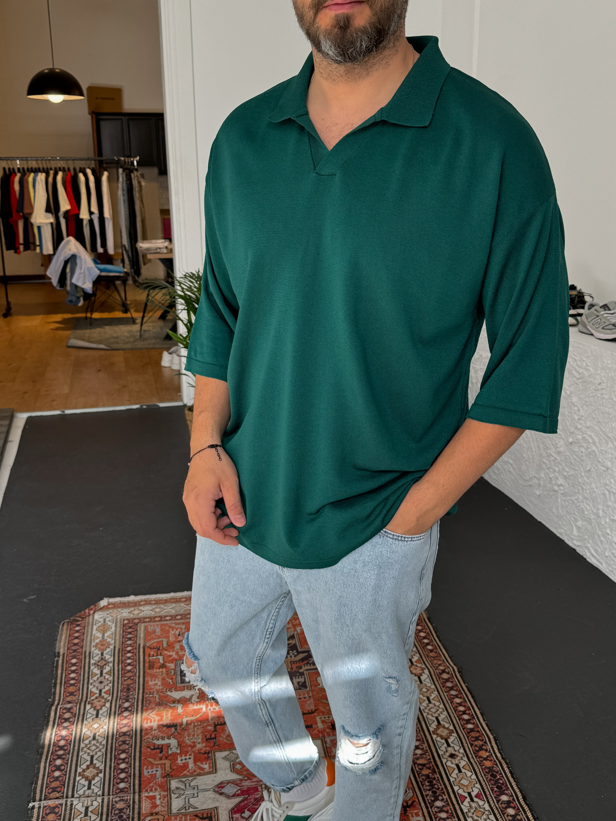 Koyu Yeşil Polo Yaka Basic Triko T-shirt JJ-337