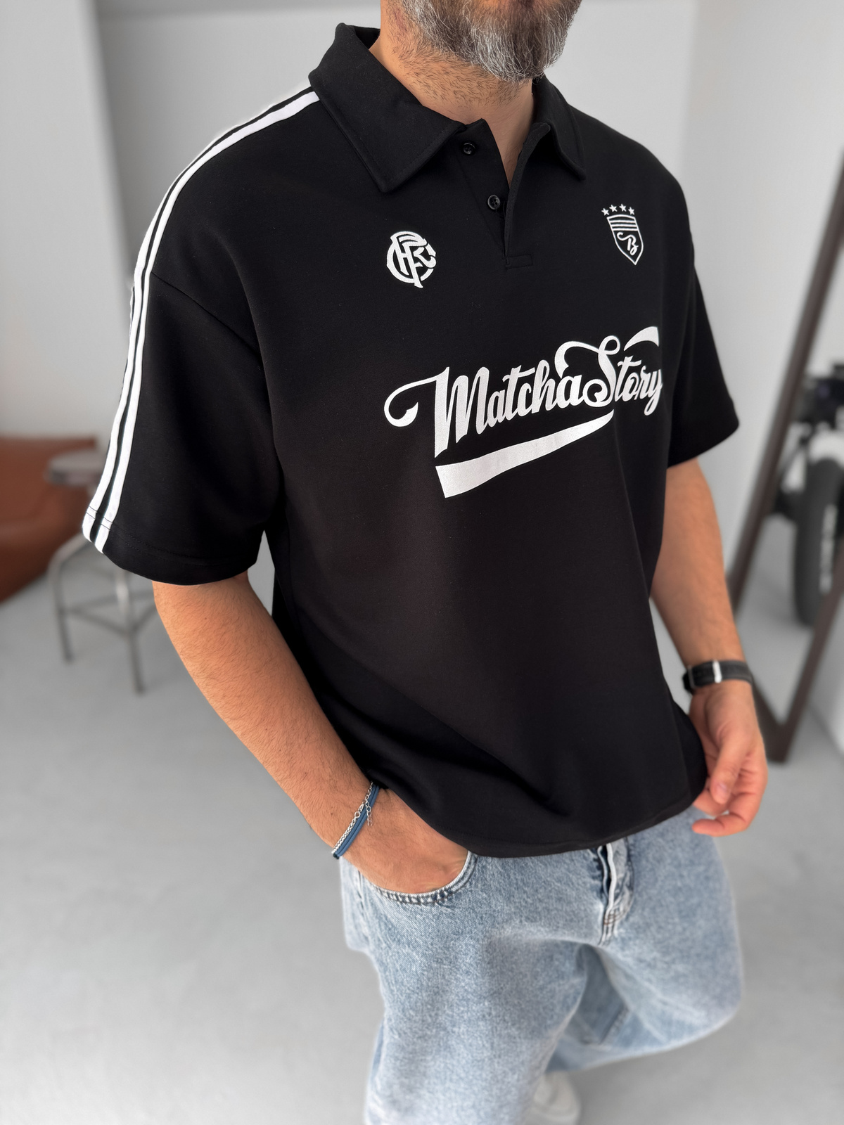 Siyah Matcha Baskılı Polo Yaka Oversize T-Shirt PM-013