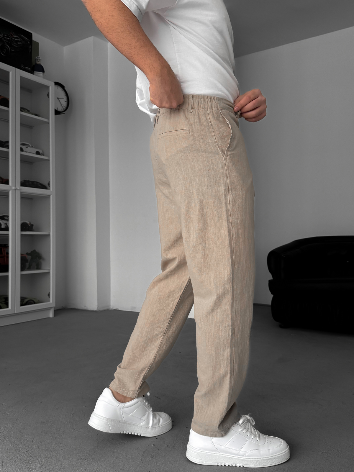 Bej Keten Dokulu Regular Fİt Pantolon TW-1009